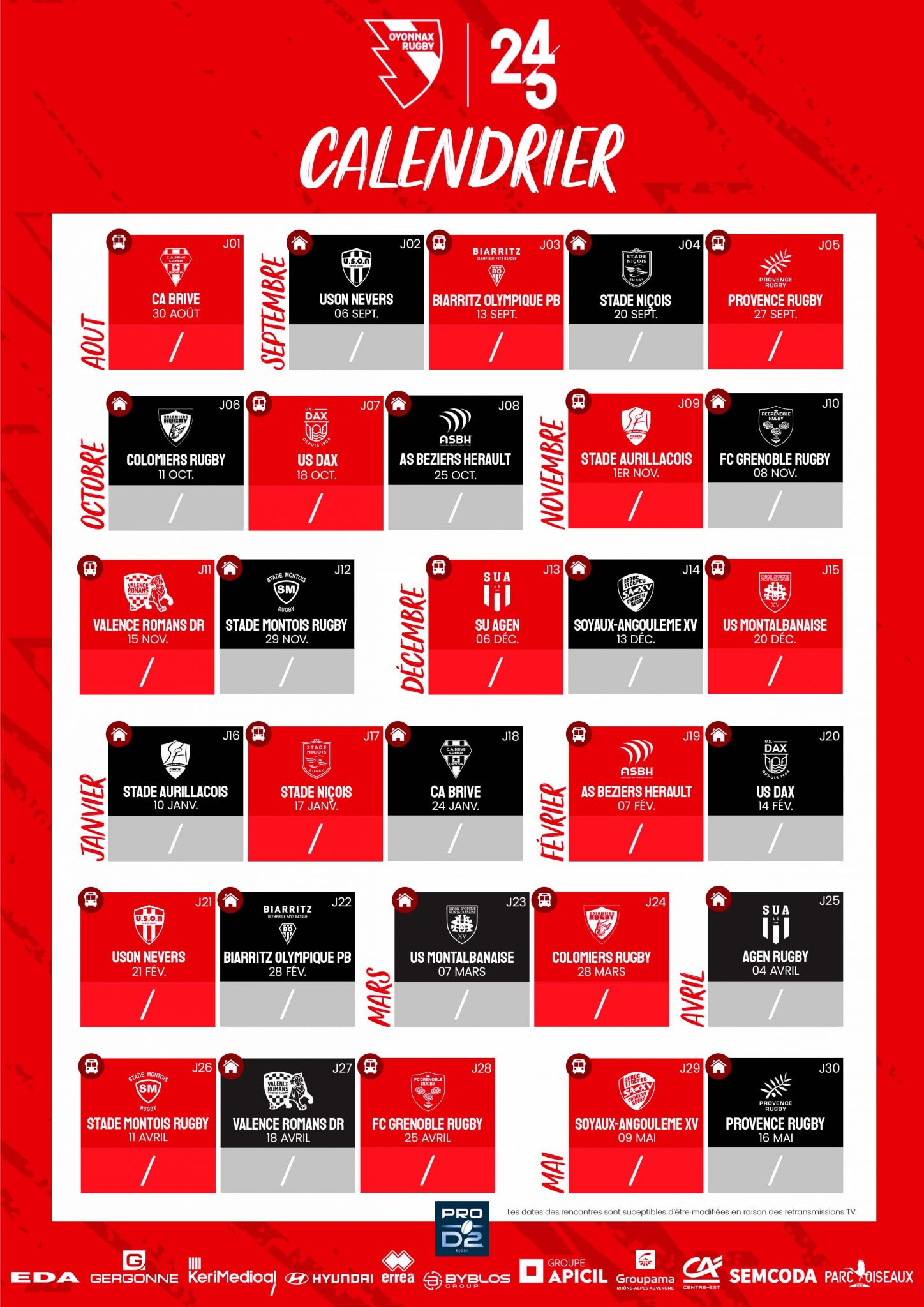LE CALENDRIER « SUPPORTERS » DE LA SAISON 2024-2025 – OYONNAX RUGBY